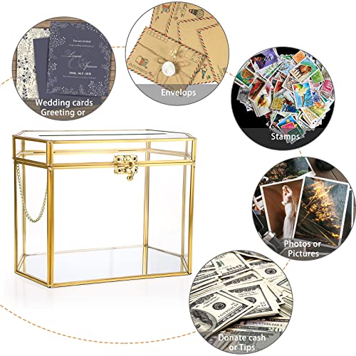 ELLDOO Wedding Glass Card Box with Slot, Vintage Glass Lidded Box Terrarium Box Display Box Glass Gift Gold Box for Wedding Reception Anniversary Shower Birthday Party Wishing Well