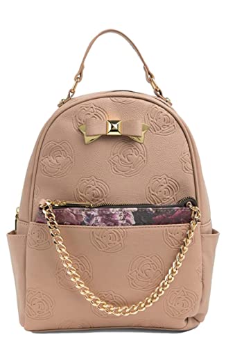 Betsey Johnson Sonya Rose Embossed Faux Leather W/Pull Out Zipper Pouch Adjustable Backpack