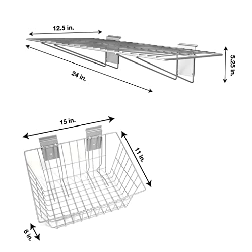 Crownwall Steel Shelf and Basket Organizer Value Kit with 5 Heavy Duty Shelves and Baskets for Storage and Organization, Compatible Slatwall