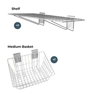 Crownwall Steel Shelf and Basket Organizer Value Kit with 5 Heavy Duty Shelves and Baskets for Storage and Organization, Compatible Slatwall