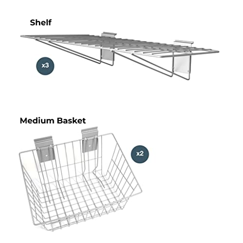 Crownwall Steel Shelf and Basket Organizer Value Kit with 5 Heavy Duty Shelves and Baskets for Storage and Organization, Compatible Slatwall