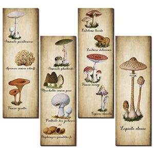 4 pack mushroom wall decor vintage mushroom wall art sign rustic wooden mushroom kitchen decor mushroom poster hanging fungus aesthetic art for bedroom dining room living room office (15.7 x 5.2 inch)