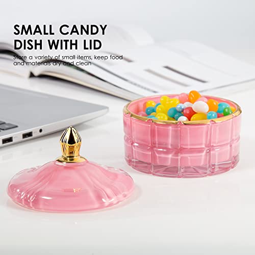 ALAMHI Glass Candy Dish Decorative Bowl, Apothecary Jars with Lids Bathroom Glass Jars for Cotton Ball or Cotton Swab Jewelry Storage Boxes with Lids, Crystal Pink Gifts for Women Coquette Room Decor…