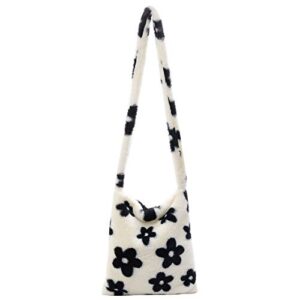 shoulder bags for women plush tote underarm bags soft plush flower pattern handbag zipper mini armpit bag (long black white)