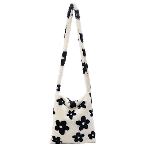 Shoulder Bags for Women Plush Tote Underarm Bags Soft Plush Flower Pattern Handbag Zipper Mini Armpit Bag (Long Black White)