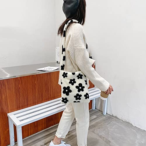 Shoulder Bags for Women Plush Tote Underarm Bags Soft Plush Flower Pattern Handbag Zipper Mini Armpit Bag (Long Black White)