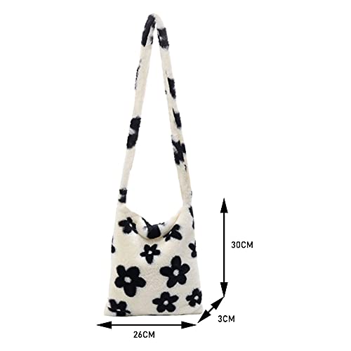 Shoulder Bags for Women Plush Tote Underarm Bags Soft Plush Flower Pattern Handbag Zipper Mini Armpit Bag (Long Black White)