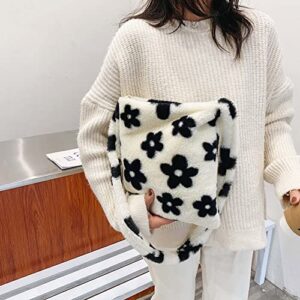 Shoulder Bags for Women Plush Tote Underarm Bags Soft Plush Flower Pattern Handbag Zipper Mini Armpit Bag (Long Black White)