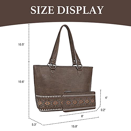 American Bling Tote Bag for Women Western Shoulder Bags Top Handle Satchel Vegan Leather Purse and Handbag 2 PCS Set with Wallet Coffee SC-ABT-G1005CF+W