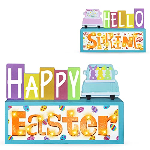 Reversible Hello Spring/Happy Easter Decorations Wooden Block Sign with Led Lights- Double Sign Spring Easter Farmhouse Home Battery Operated Light up Wooden Sign for Table Mantle Tabletop Centerpiece