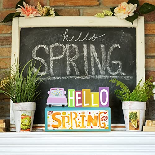 Reversible Hello Spring/Happy Easter Decorations Wooden Block Sign with Led Lights- Double Sign Spring Easter Farmhouse Home Battery Operated Light up Wooden Sign for Table Mantle Tabletop Centerpiece