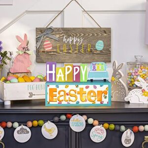 Reversible Hello Spring/Happy Easter Decorations Wooden Block Sign with Led Lights- Double Sign Spring Easter Farmhouse Home Battery Operated Light up Wooden Sign for Table Mantle Tabletop Centerpiece