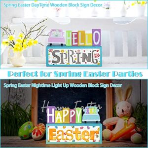 Reversible Hello Spring/Happy Easter Decorations Wooden Block Sign with Led Lights- Double Sign Spring Easter Farmhouse Home Battery Operated Light up Wooden Sign for Table Mantle Tabletop Centerpiece