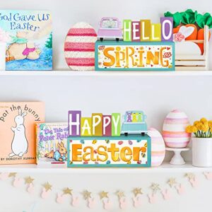 Reversible Hello Spring/Happy Easter Decorations Wooden Block Sign with Led Lights- Double Sign Spring Easter Farmhouse Home Battery Operated Light up Wooden Sign for Table Mantle Tabletop Centerpiece