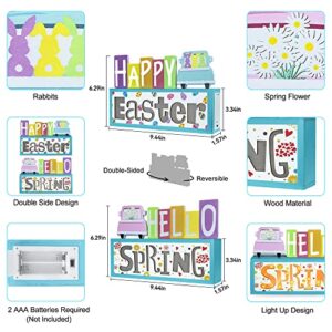 Reversible Hello Spring/Happy Easter Decorations Wooden Block Sign with Led Lights- Double Sign Spring Easter Farmhouse Home Battery Operated Light up Wooden Sign for Table Mantle Tabletop Centerpiece