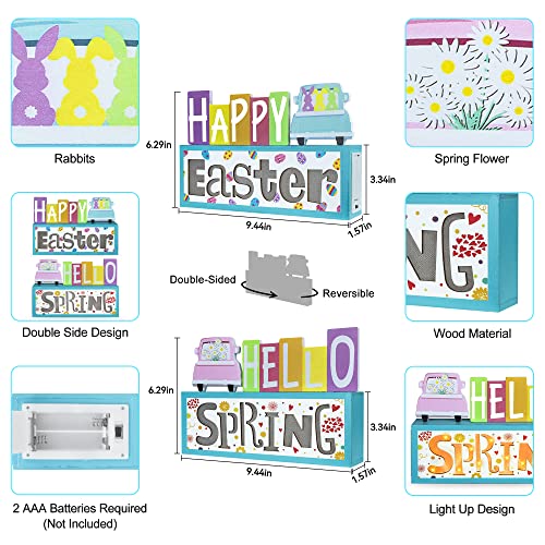 Reversible Hello Spring/Happy Easter Decorations Wooden Block Sign with Led Lights- Double Sign Spring Easter Farmhouse Home Battery Operated Light up Wooden Sign for Table Mantle Tabletop Centerpiece