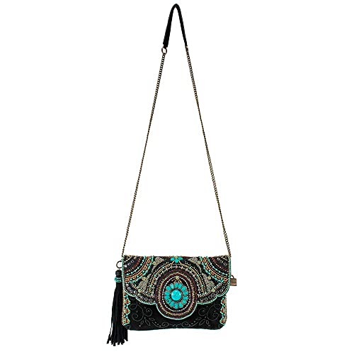 Mary Frances Turquoise Journey Crossbody Suede Leather Handbag, Black