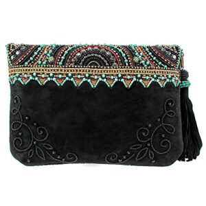 Mary Frances Turquoise Journey Crossbody Suede Leather Handbag, Black