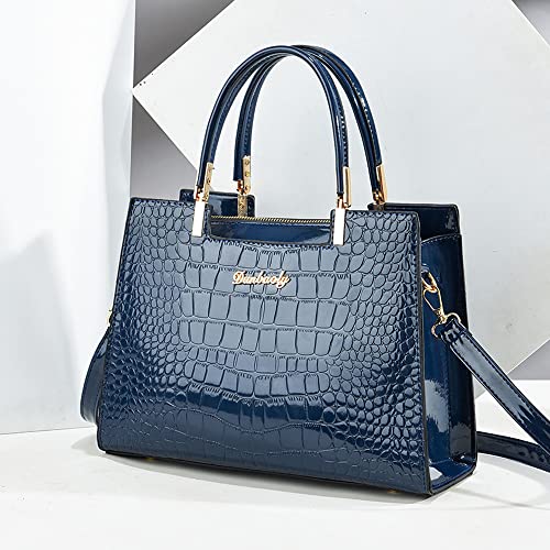 Caalaay Women handbags Purse Shiny Patent Leather Crocodile Pattern Top Handle Handbag Satchel Bags Zipper Medium Tote Bag-Blue