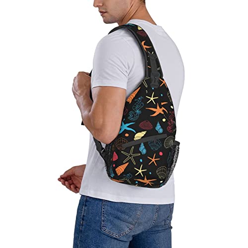 TuoniLaoShi Beach Theme Shell Starfish Sling Bag,Casual Crossbody Shoulder Bag, Lightweight Sling Backpack,One Strap Chest Bag,for Men/Women,Daypack for Walking,Cycling,Hiking,Travel