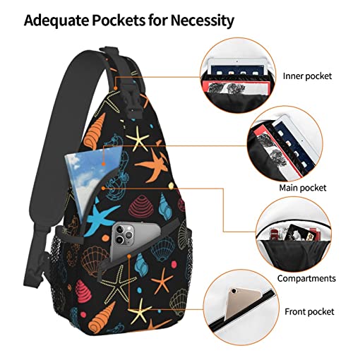 TuoniLaoShi Beach Theme Shell Starfish Sling Bag,Casual Crossbody Shoulder Bag, Lightweight Sling Backpack,One Strap Chest Bag,for Men/Women,Daypack for Walking,Cycling,Hiking,Travel