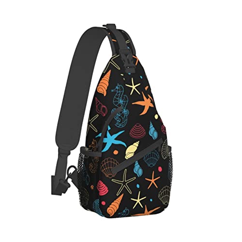 TuoniLaoShi Beach Theme Shell Starfish Sling Bag,Casual Crossbody Shoulder Bag, Lightweight Sling Backpack,One Strap Chest Bag,for Men/Women,Daypack for Walking,Cycling,Hiking,Travel