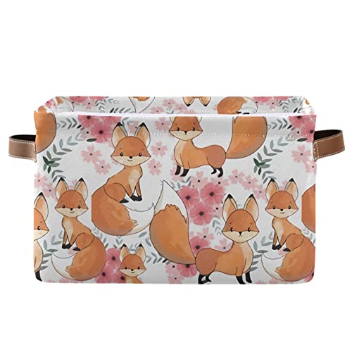 Gougeta Foldable Storage Basket with Handle, Cute Jungle Fox Animal Pink Flower Rectangular Canvas Organizer Bins for Home Office Closet Clothes Toys 1 Pack