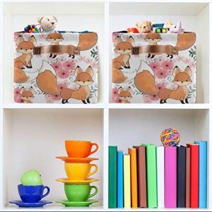 Gougeta Foldable Storage Basket with Handle, Cute Jungle Fox Animal Pink Flower Rectangular Canvas Organizer Bins for Home Office Closet Clothes Toys 1 Pack