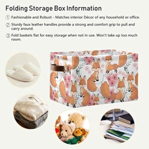 Gougeta Foldable Storage Basket with Handle, Cute Jungle Fox Animal Pink Flower Rectangular Canvas Organizer Bins for Home Office Closet Clothes Toys 1 Pack