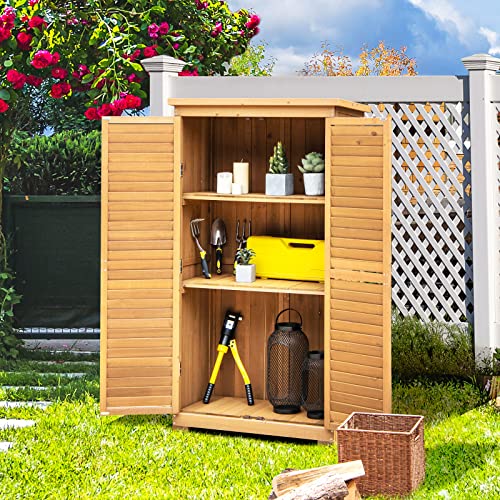 GOFLAME 63” Outdoor Storage Cabinet, Wooden Garden Storage Shed with 3 Removable Shelves, Waterproof Asphalt Roof, Adjustable Footpads, Latch, Outdoor Tall Vertical Tool Shed for Garden Porch Deck