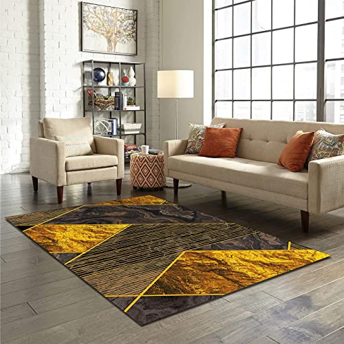 Nordic Geometry Gold Glitter Marble Area Rug, Modern Minimalist Abstract Line Art Decorative Rug, Easy Clean Carpet with Anti-Slip Backing for Bedroom Living Room Dining Room Office 4ftx6ft