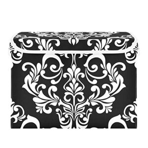 kigai storage basket black damask baroque floral storage boxes with lids and handle, large storage cube bin collapsible for shelves closet bedroom living room, 16.5×12.6×11.8 in