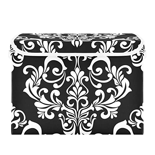 Kigai Storage Basket Black Damask Baroque Floral Storage Boxes with Lids and Handle, Large Storage Cube Bin Collapsible for Shelves Closet Bedroom Living Room, 16.5x12.6x11.8 In