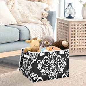 Kigai Storage Basket Black Damask Baroque Floral Storage Boxes with Lids and Handle, Large Storage Cube Bin Collapsible for Shelves Closet Bedroom Living Room, 16.5x12.6x11.8 In