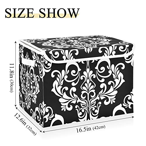 Kigai Storage Basket Black Damask Baroque Floral Storage Boxes with Lids and Handle, Large Storage Cube Bin Collapsible for Shelves Closet Bedroom Living Room, 16.5x12.6x11.8 In