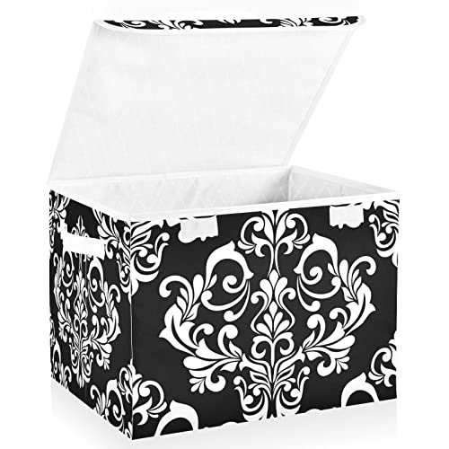 Kigai Storage Basket Black Damask Baroque Floral Storage Boxes with Lids and Handle, Large Storage Cube Bin Collapsible for Shelves Closet Bedroom Living Room, 16.5x12.6x11.8 In