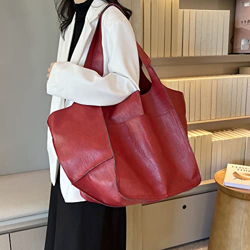 2022 oversized womens handbag pu soft leather shoulder tote extra big travel Hobo large capacity Satchel (red)