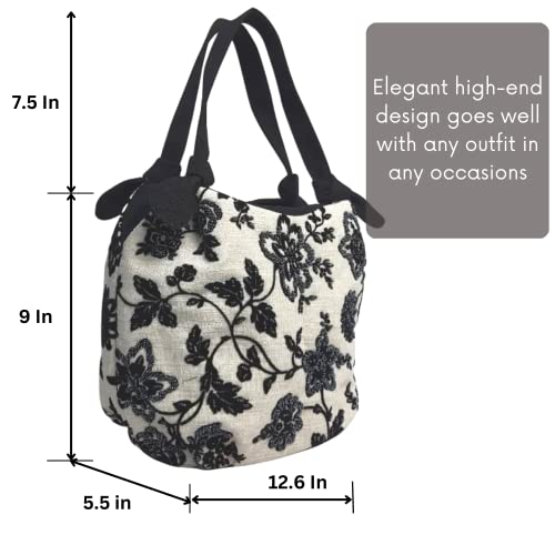 HCRAFT Embroidered Handbags for Women, Beads Flower Shoulder Tote Bag with Zipper,12.6"x5.5"x9", Fabric Tote Bag, Hobo Bags For Women, Tote Bag Aesthetic with Inner Pocket