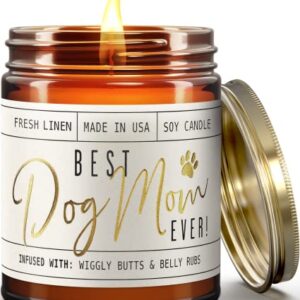 Dog Mom Gifts for Women, Dog Lovers Gifts for Women - 'Best Dog Mom Ever' Soy Candle, w/Fresh Linen I Gifts for Dog Lovers I Dog Gifts for Women I 9oz Reusable Jar, 50Hr Burn, Made in USA