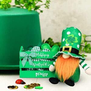 St Patricks Day Decorations for Home, Green Wooden Crate with Irish Plush Gnome & 3 Clover Pillows, Happy St Patrick‘s Day Table Centerpiece, Shamrock Tiered Tray Decor Table Mantle Shelf Irish Gifts