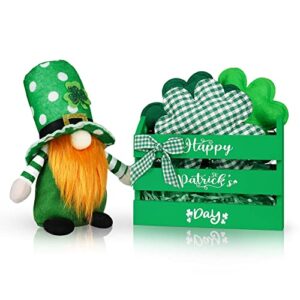 st patricks day decorations for home, green wooden crate with irish plush gnome & 3 clover pillows, happy st patrick‘s day table centerpiece, shamrock tiered tray decor table mantle shelf irish gifts