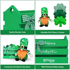 St Patricks Day Decorations for Home, Green Wooden Crate with Irish Plush Gnome & 3 Clover Pillows, Happy St Patrick‘s Day Table Centerpiece, Shamrock Tiered Tray Decor Table Mantle Shelf Irish Gifts