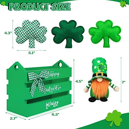 St Patricks Day Decorations for Home, Green Wooden Crate with Irish Plush Gnome & 3 Clover Pillows, Happy St Patrick‘s Day Table Centerpiece, Shamrock Tiered Tray Decor Table Mantle Shelf Irish Gifts