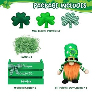 St Patricks Day Decorations for Home, Green Wooden Crate with Irish Plush Gnome & 3 Clover Pillows, Happy St Patrick‘s Day Table Centerpiece, Shamrock Tiered Tray Decor Table Mantle Shelf Irish Gifts