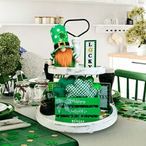 St Patricks Day Decorations for Home, Green Wooden Crate with Irish Plush Gnome & 3 Clover Pillows, Happy St Patrick‘s Day Table Centerpiece, Shamrock Tiered Tray Decor Table Mantle Shelf Irish Gifts