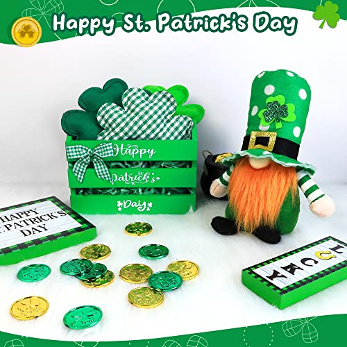 St Patricks Day Decorations for Home, Green Wooden Crate with Irish Plush Gnome & 3 Clover Pillows, Happy St Patrick‘s Day Table Centerpiece, Shamrock Tiered Tray Decor Table Mantle Shelf Irish Gifts