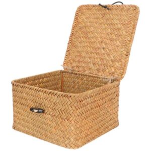 straw storages baskets with lid: handwoven wicker storage bins square household organizer boxes shelf wardrobe organizer case for desktop home decoration