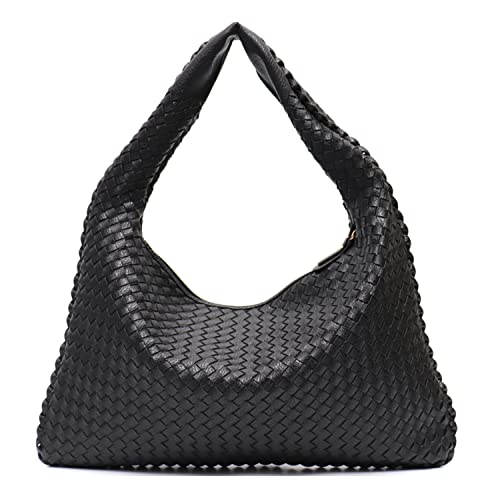 Handmade Woven Hobo Women Top-handle Shoulder Bags Large Capacity Shopping Dumplings Bag Casual Underarm Handbags Purses (Black)