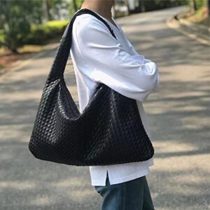 Handmade Woven Hobo Women Top-handle Shoulder Bags Large Capacity Shopping Dumplings Bag Casual Underarm Handbags Purses (Black)