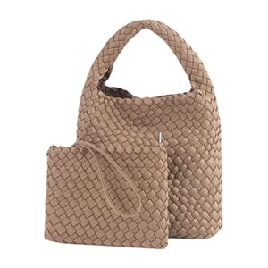 fashion tote satchel ladies handmade woven hobo handbags adjustable shoulder bucket bag top-handle with purse for women (apricot)